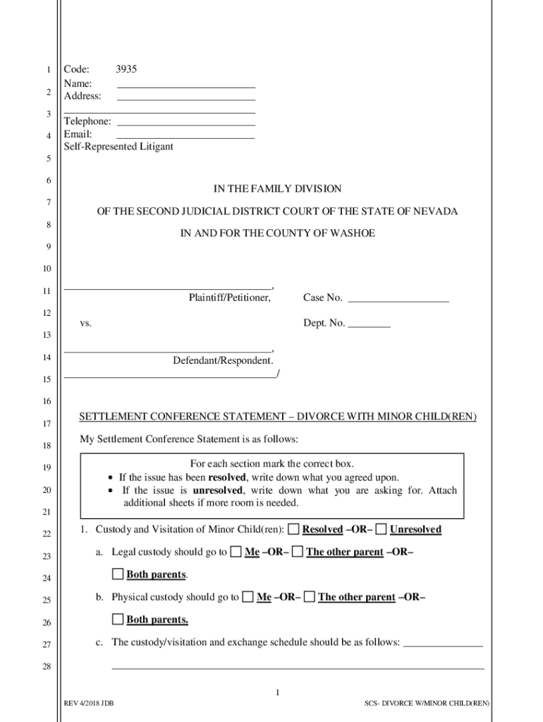 Fillable Online SETTLEMENT CONFERENCE STATEMENT DIVORCE WITH MINOR ...