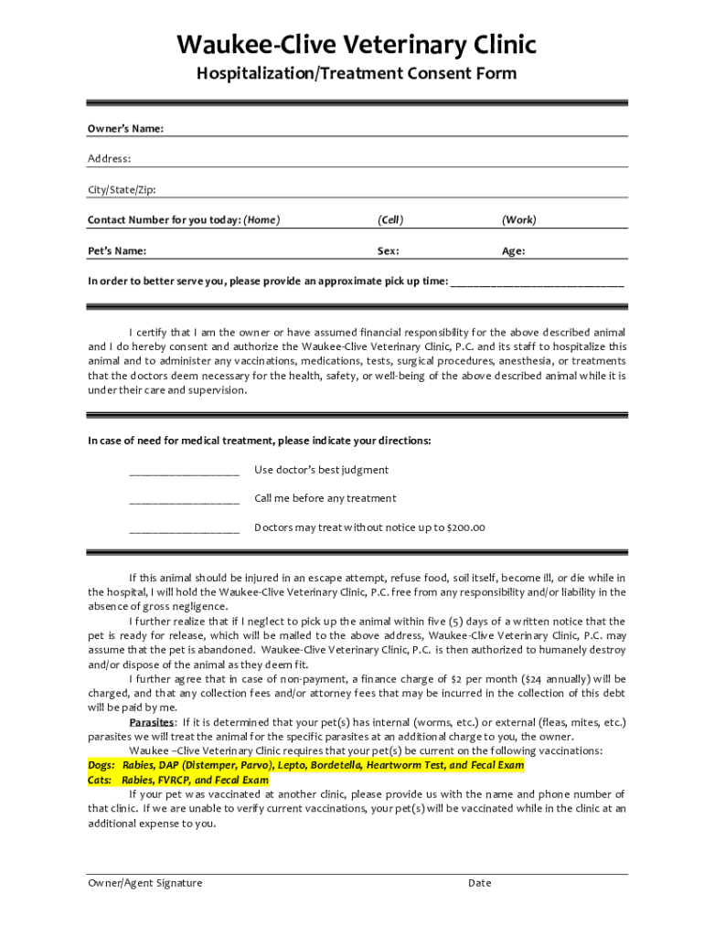 Fillable Online SPAY/NEUTER SURGERY Consent Form - Waukee-Clive ... Fax ...