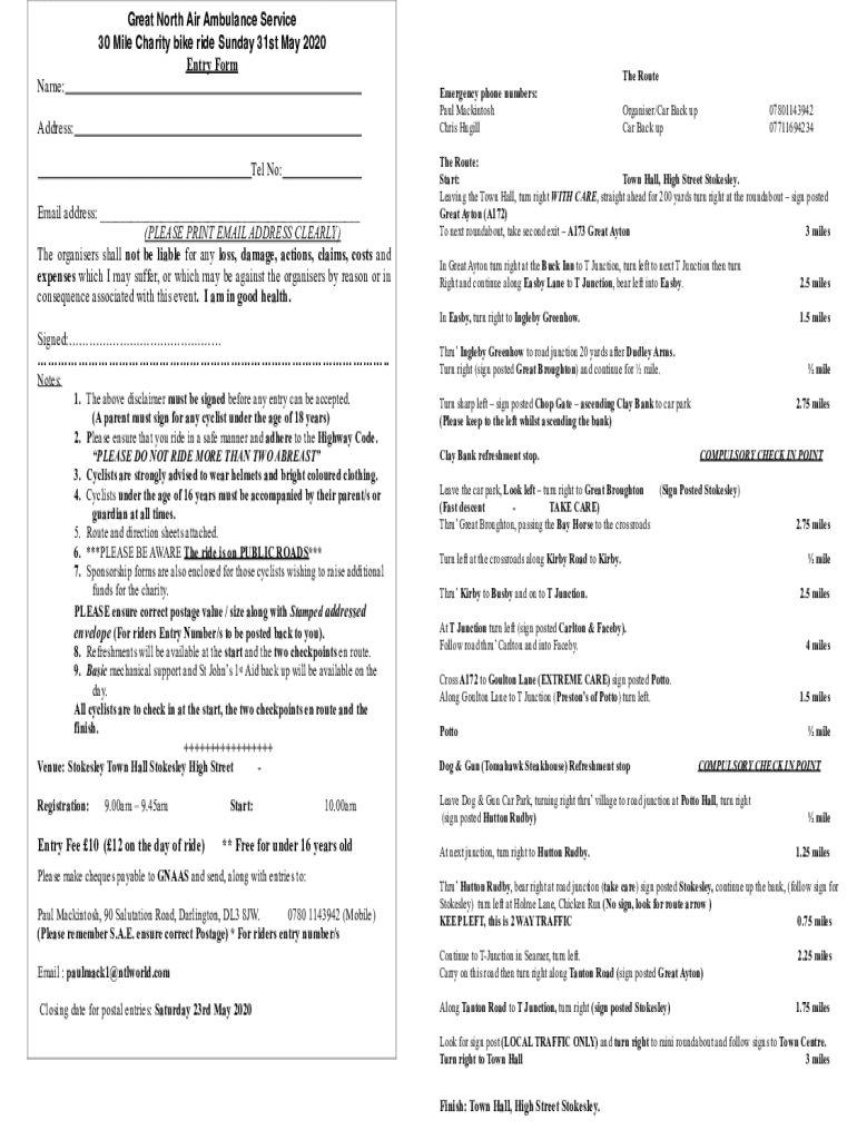 Fillable Online Bike Ride Entry form - Actual Route 2020 WORD Fax Email ...