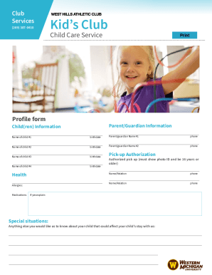 Fillable Online Kids Club Child Profile Form. child care Fax Email ...