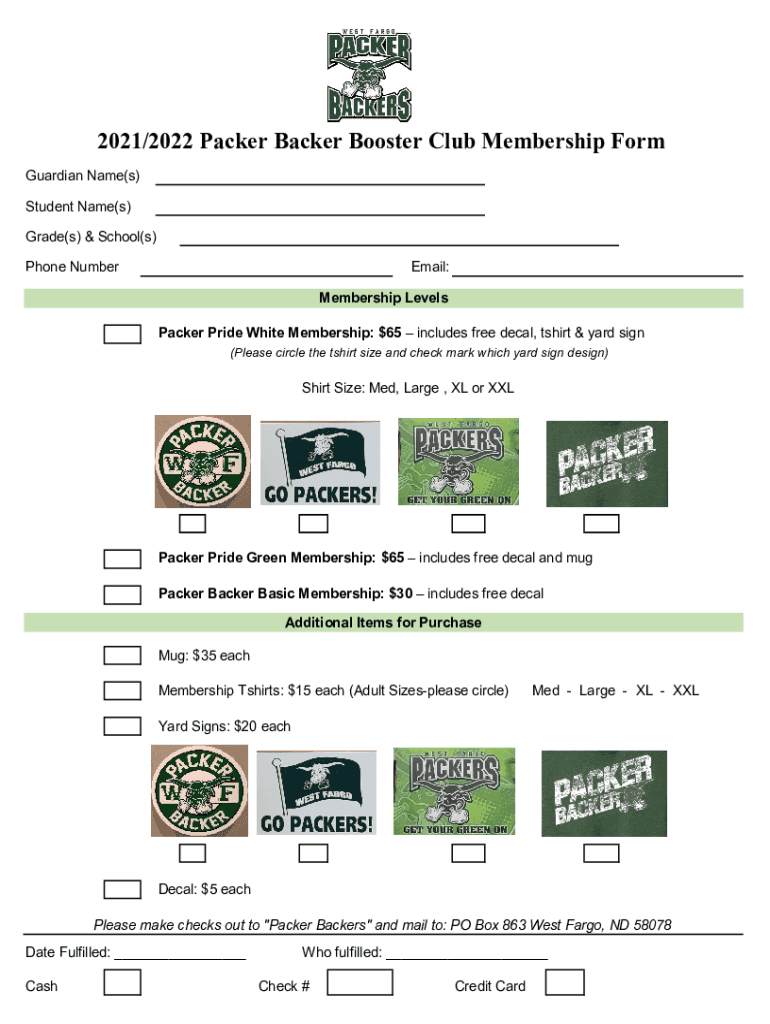 Fillable Online 2021/2022 Packer Backer Booster Club Membership Form ...