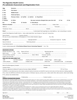 Fillable Online Pre-Admission Assessment and Registration FormDigestive ...