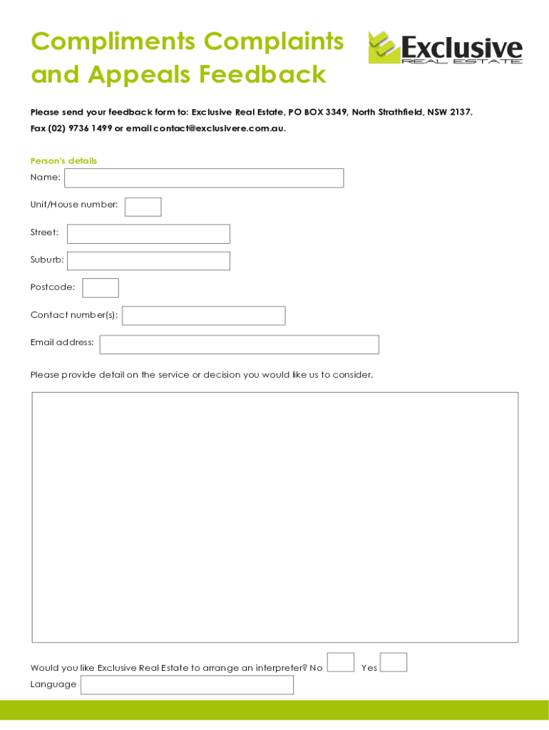 Fillable Online Exclusive Real Estate Affordable Housing Compliments Complaints and Appeals ...
