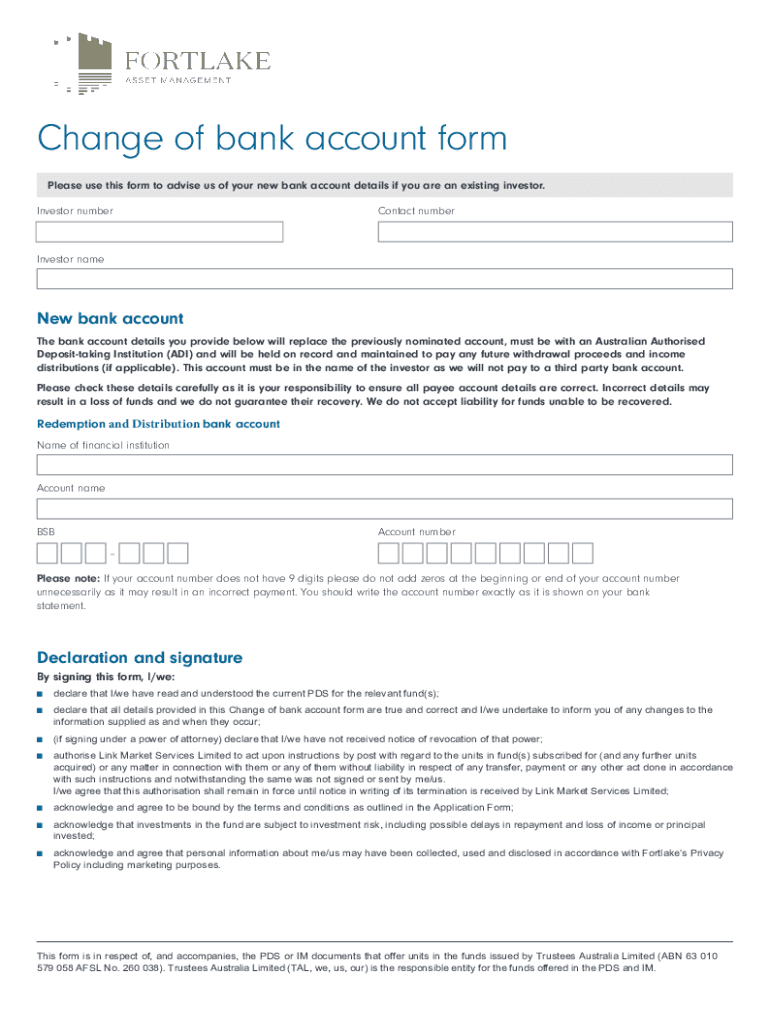 Fillable Online Fortlake Change of Bank Account Form Fax Email Print ...