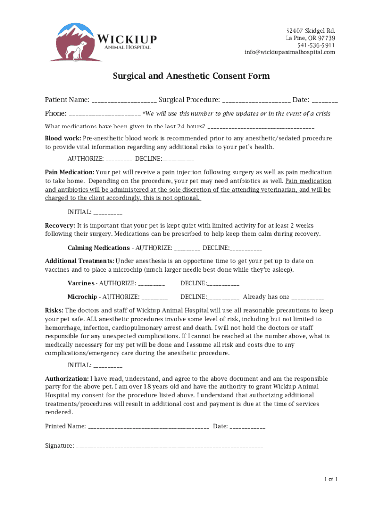 Fillable Online WAH surgical and anesthetic consent form Fax Email ...