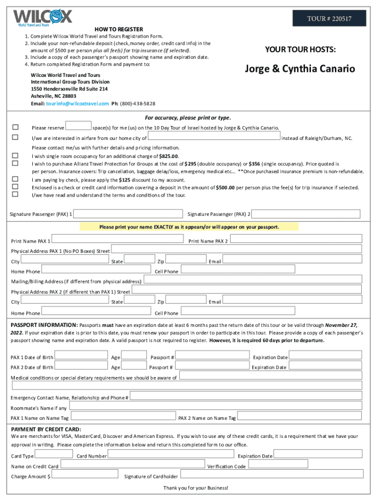 Fillable Online REGISTRATION FORM Tour - Wilcox - World Travel And Tours Fax Email Print - pdfFiller
