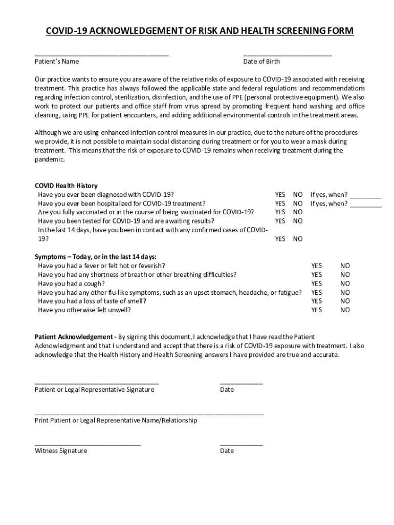 Fillable Online COVID-19 ACKNOWLEDGEMENT OF RISK AND HEALTH SCREENING ...