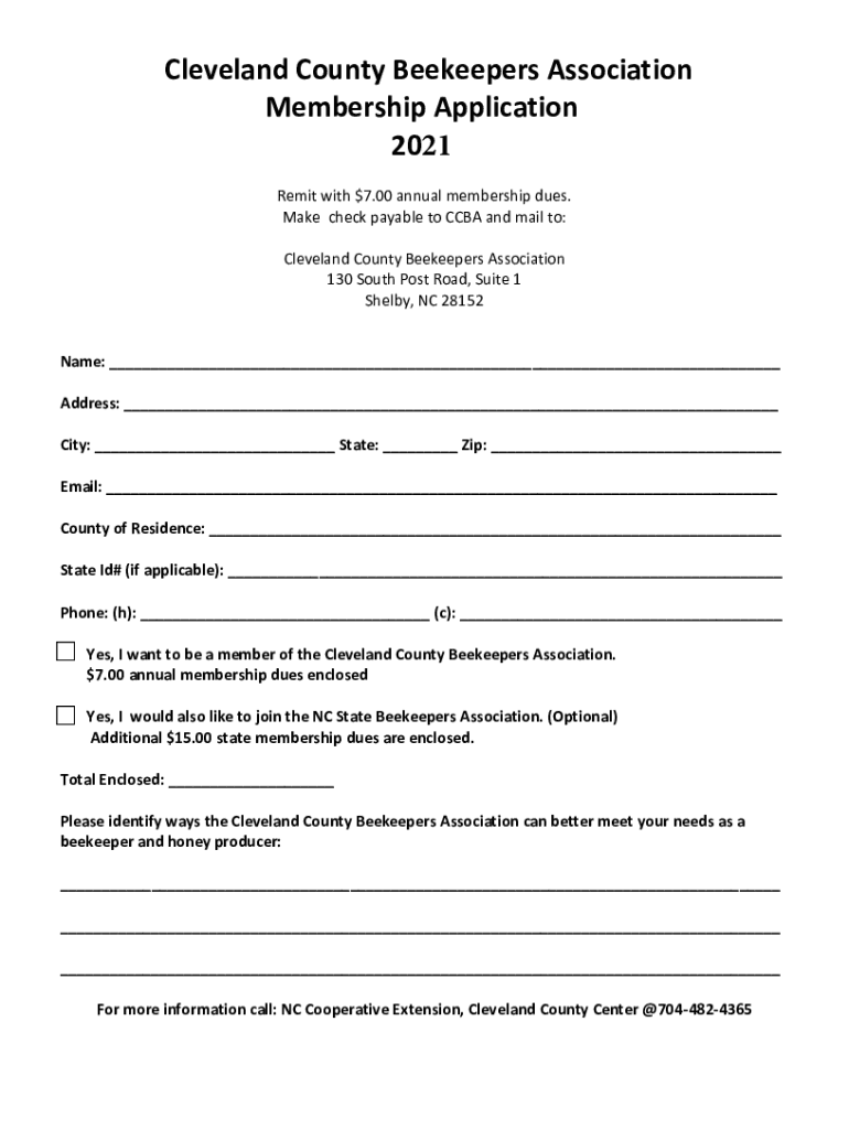 Fillable Online Fillable Online Cleveland County Beekeepers Association ...