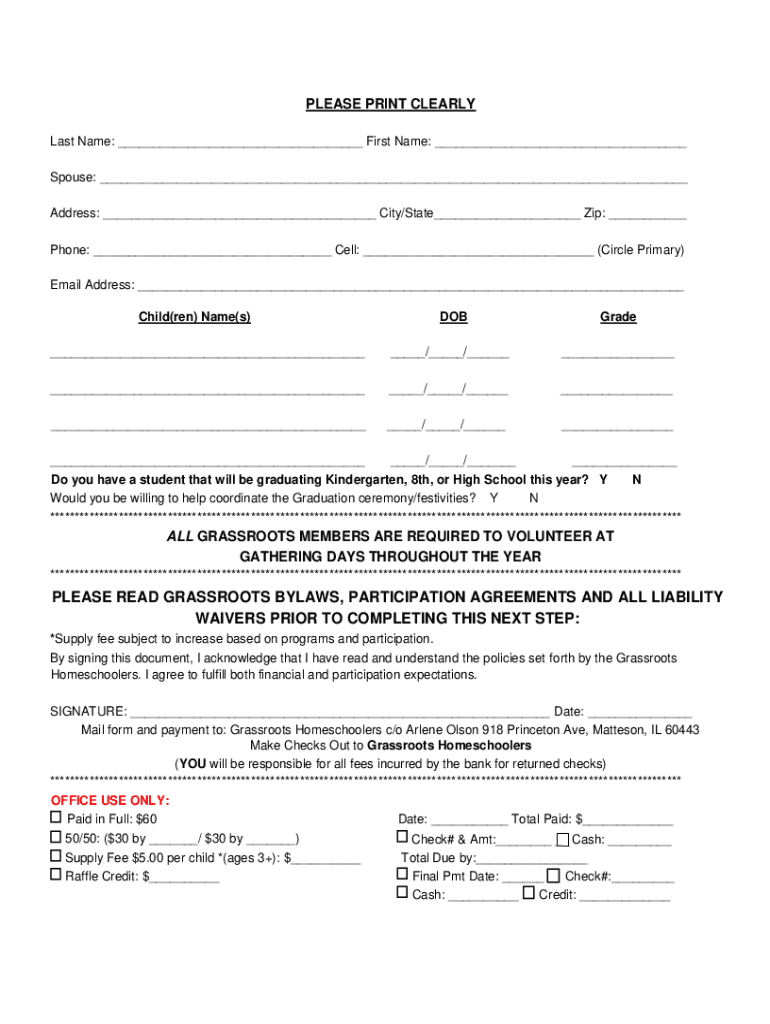 Fillable Online Grassroots Homeschoolers Enrollment Form Fax Email ...
