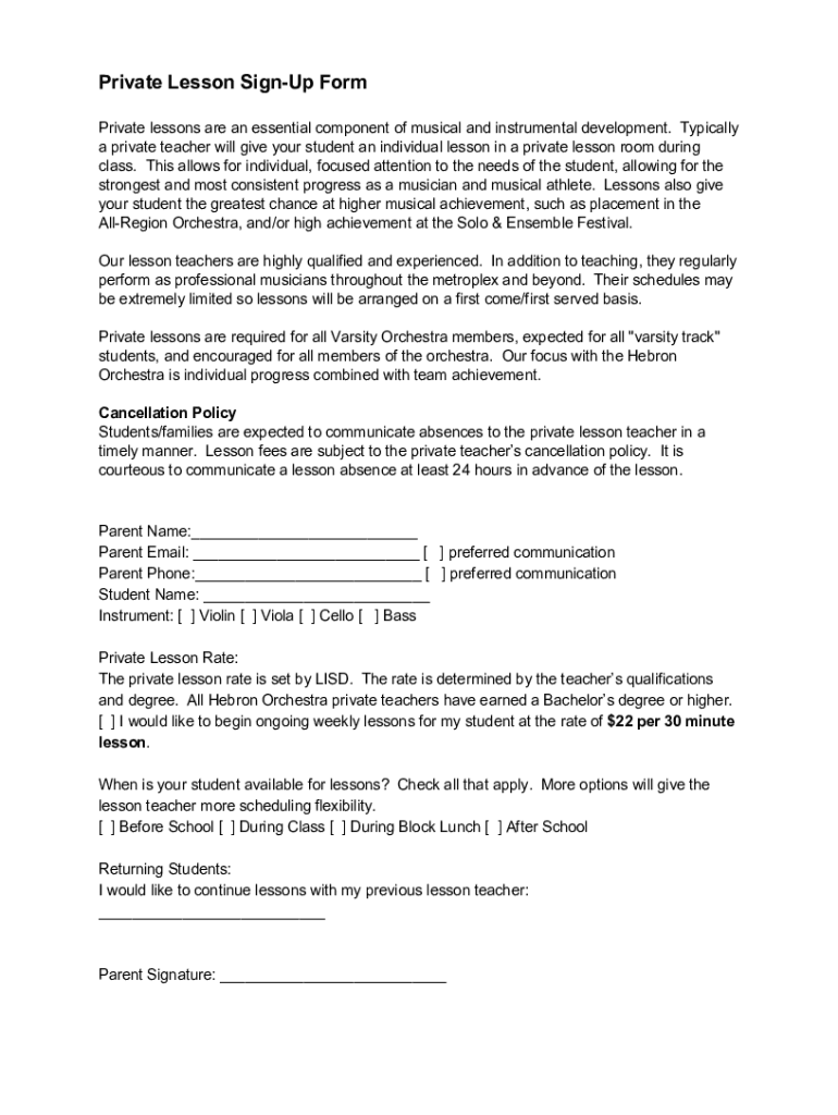 Fillable Online Private Lesson Sign-Up Form Fax Email Print - pdfFiller