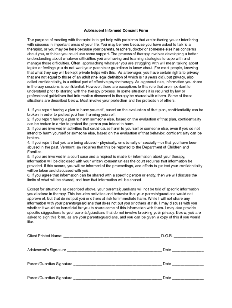 Fillable Online Adolescent Informed Consent Form - Oviedo Counseling ...
