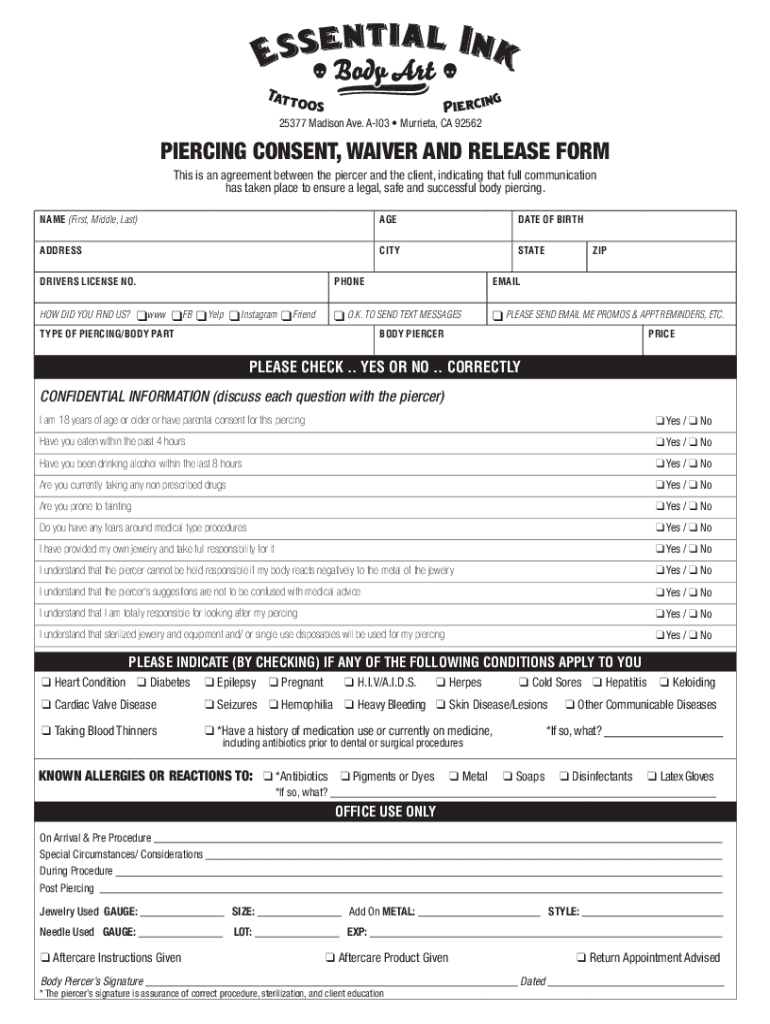 Fillable Online Essential InkPiercing Consent Form. Piercing Consent ...