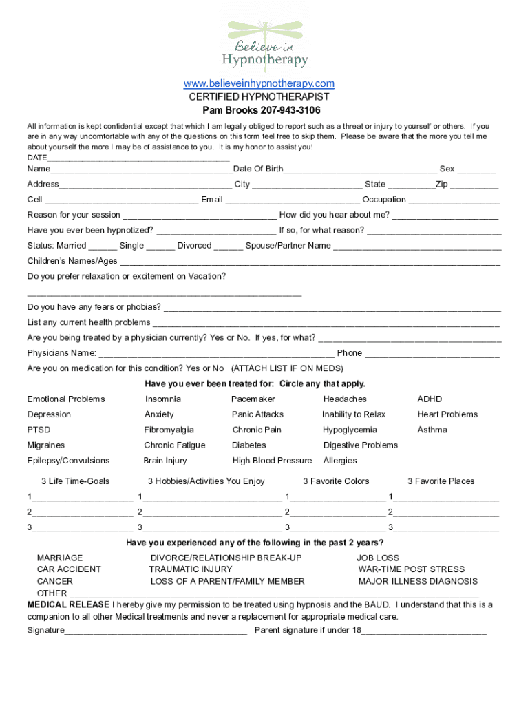 Fillable Online Believe In Hypnotherapy Intake Form Fax Email Print ...