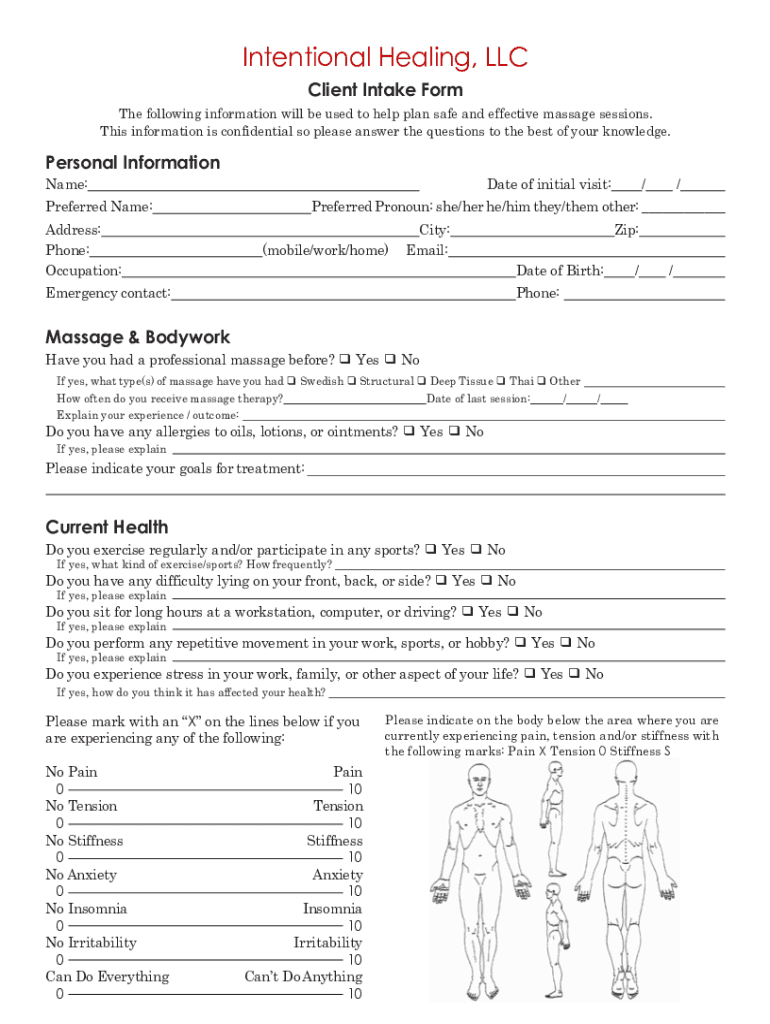 Fillable Online Intentional Healing LLC Massage and Bodywork Intake ...