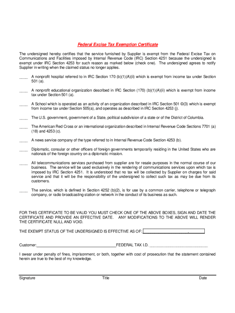 Fillable Online CERTIFICATE OF EXEMPTION FROM FEDERAL EXCISE TAXES ON ...