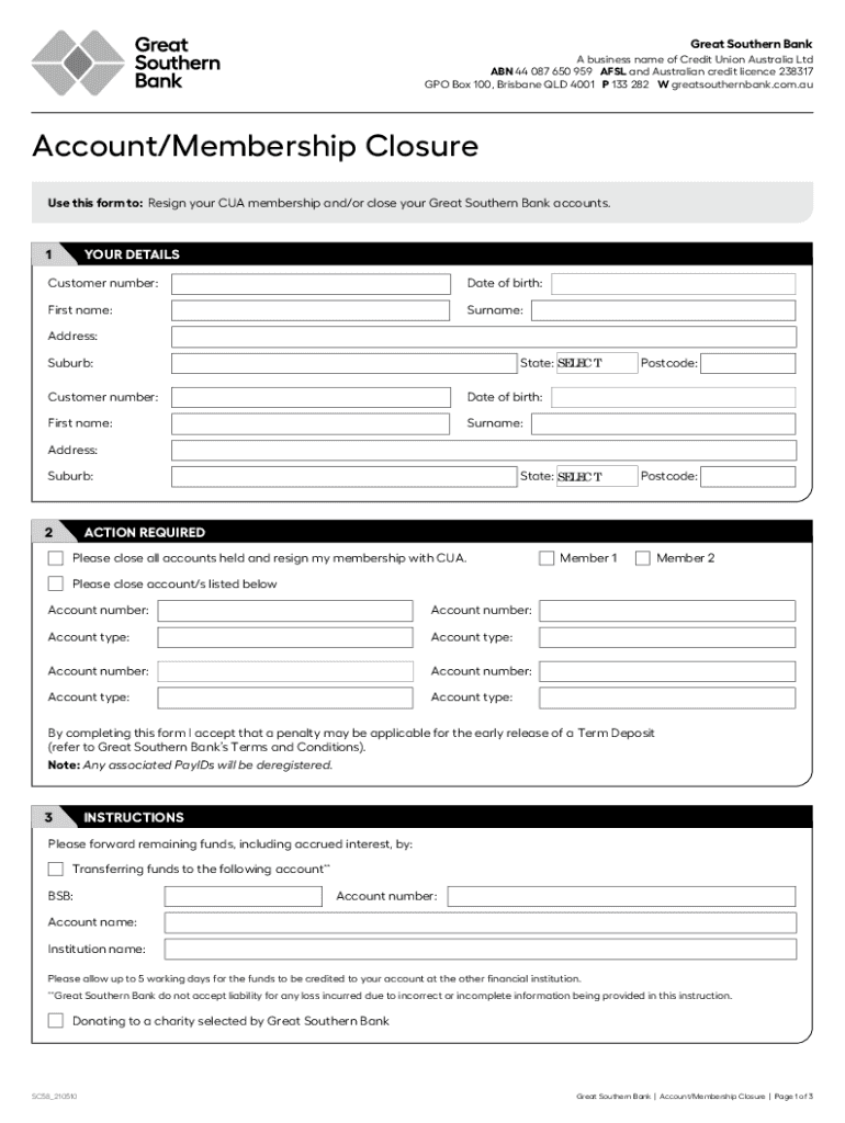 Great Southern Bank Account/Membership Closure - Blank Fillable ...
