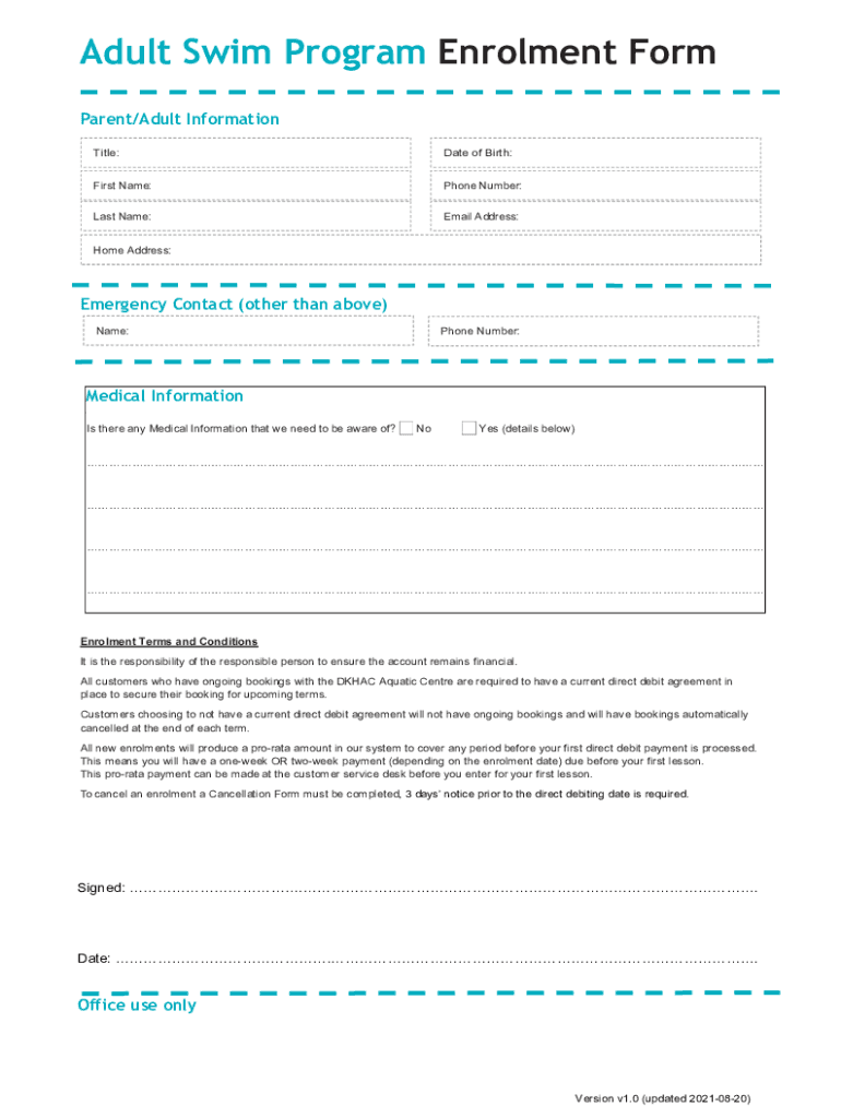 Fillable Online Swim & Water Survival School Enrolment Form Fax Email ...