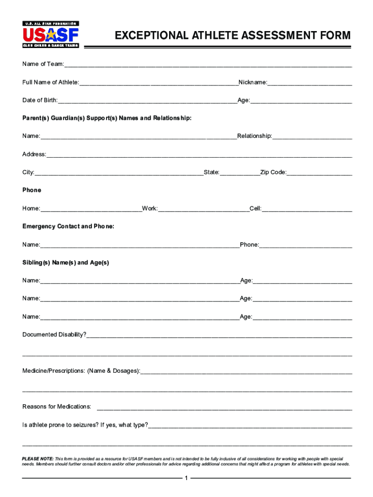 Fillable Online USASF Exceptional Athlete Assessment Form. Exceptional ...