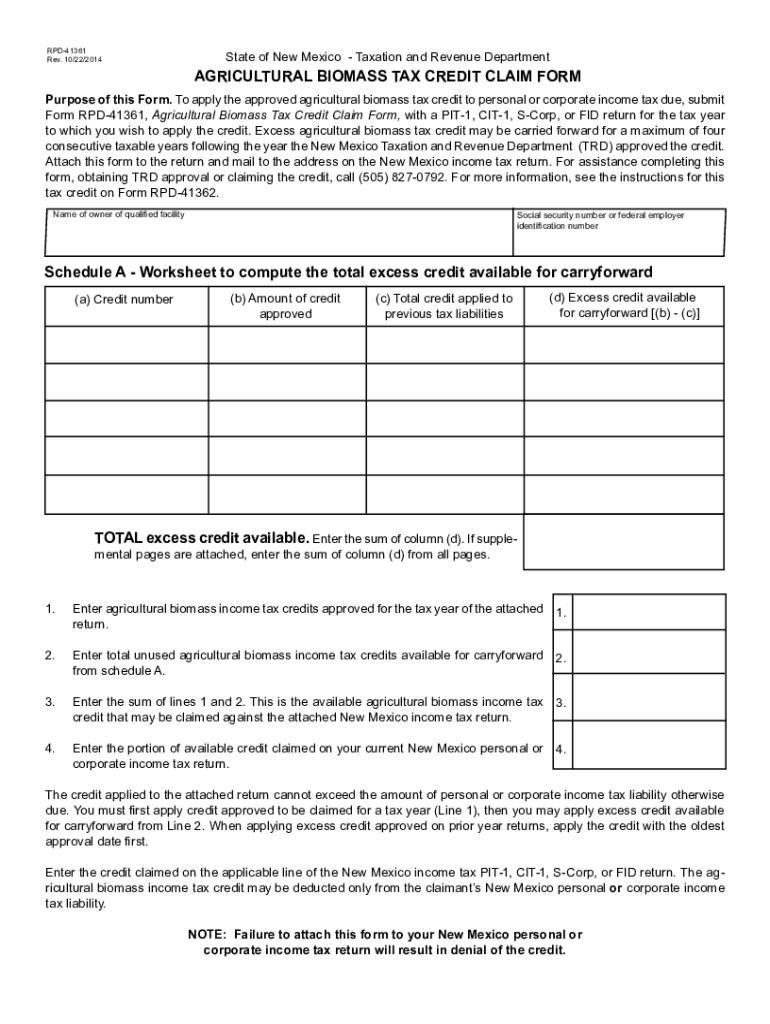 Fillable Online AGRICULTURAL BIOMASS TAX CREDIT CLAIM FORM Schedule A ...
