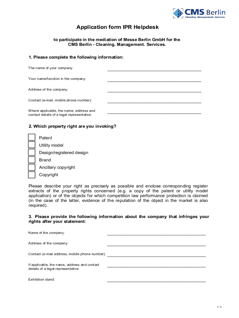 Fillable Online Application form IPR Helpdesk - CMS Berlin Fax Email ...