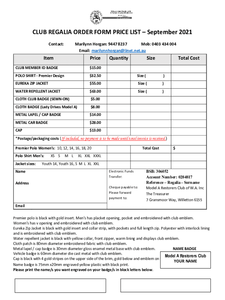 Fillable Online Fillable Online CLUB REGALIA ORDER FORM PRICE LIST ...