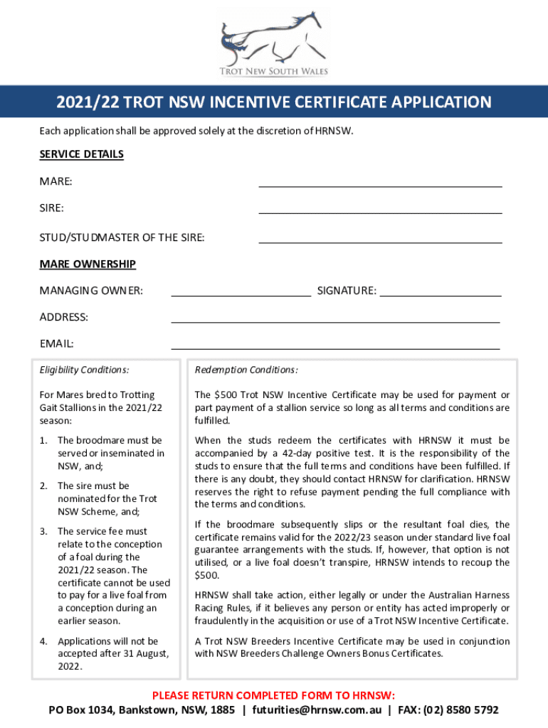 Fillable Online 2021/22 TROT NSW INCENTIVE CERTIFICATE APPLICATION Fax ...