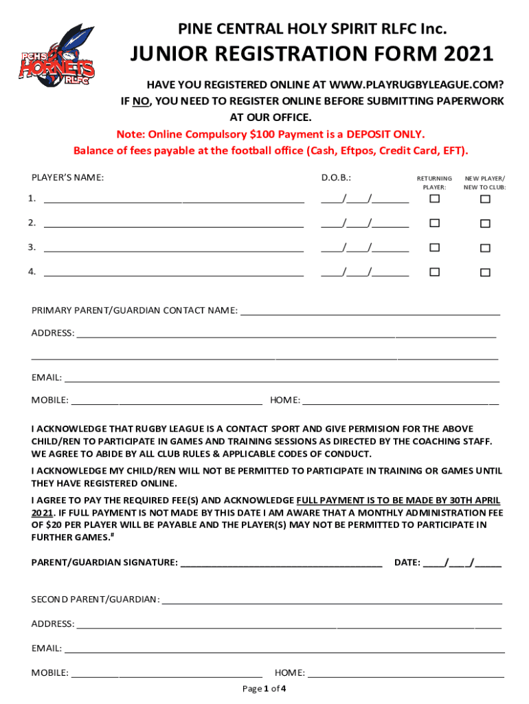 Fillable Online PINE CENTRAL HOLY SPIRIT RLFC Inc. JUNIOR REGISTRATION ...