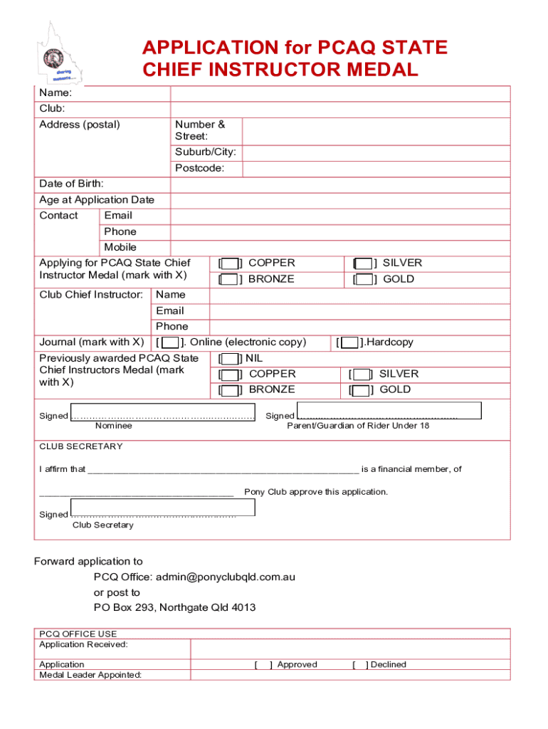 Fillable Online Application Form for PCQ State Chief Instructor Medals ...