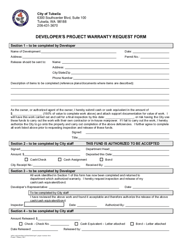 Fillable Online DEVELOPER'S PROJECT WARRANTY REQUEST FORM Fax Email ...
