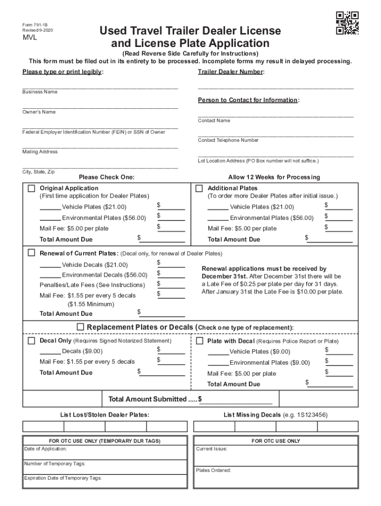 Fillable Online Form 791-1B. Used Travel Trailer Dealer License and ...