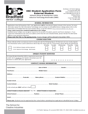 Fillable Online bradfield nsw edu HSC Student Application Form for 2020 EXTERNAL STUDENTS ...