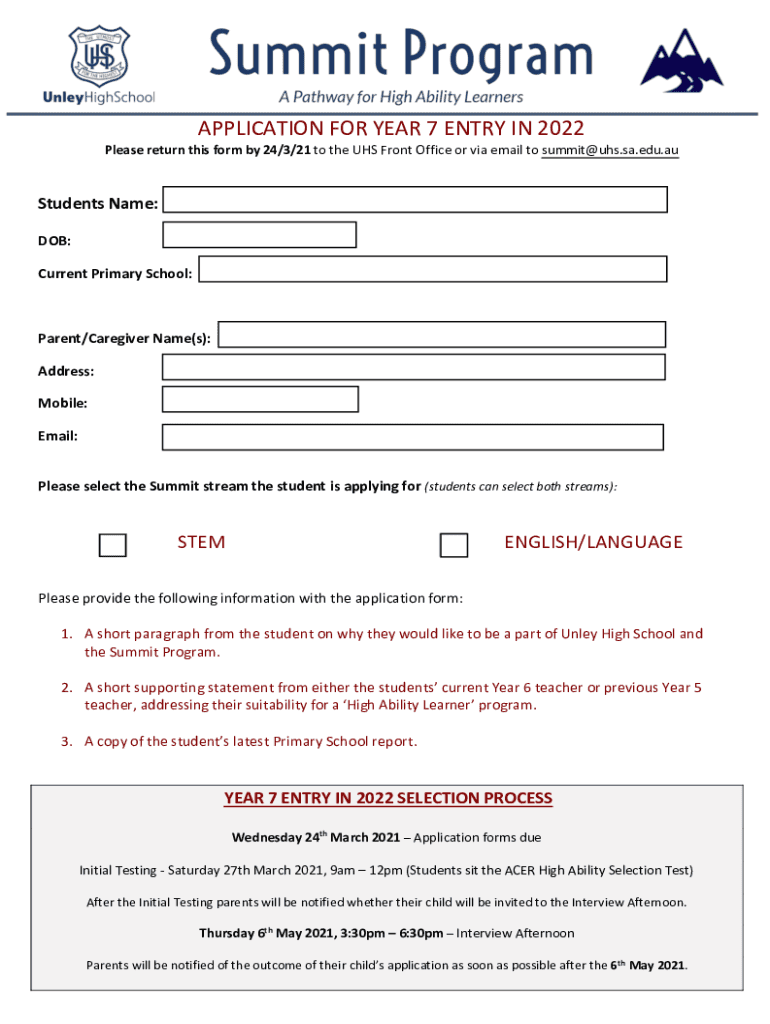 Fillable Online uhs sa edu Summit Application Form Year 7 2022 - Unley ...