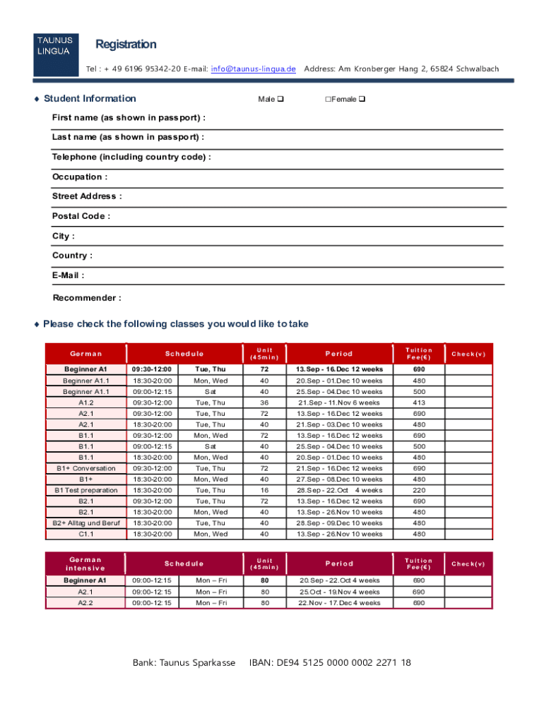 Fillable Online TAUNUS LINGUA Registration Form Summer Intensive.2020 ...