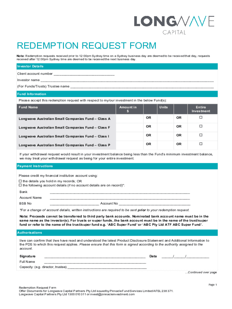 Fillable Online REDEMPTION REQUEST FORM - Two Trees Fax Email Print ...
