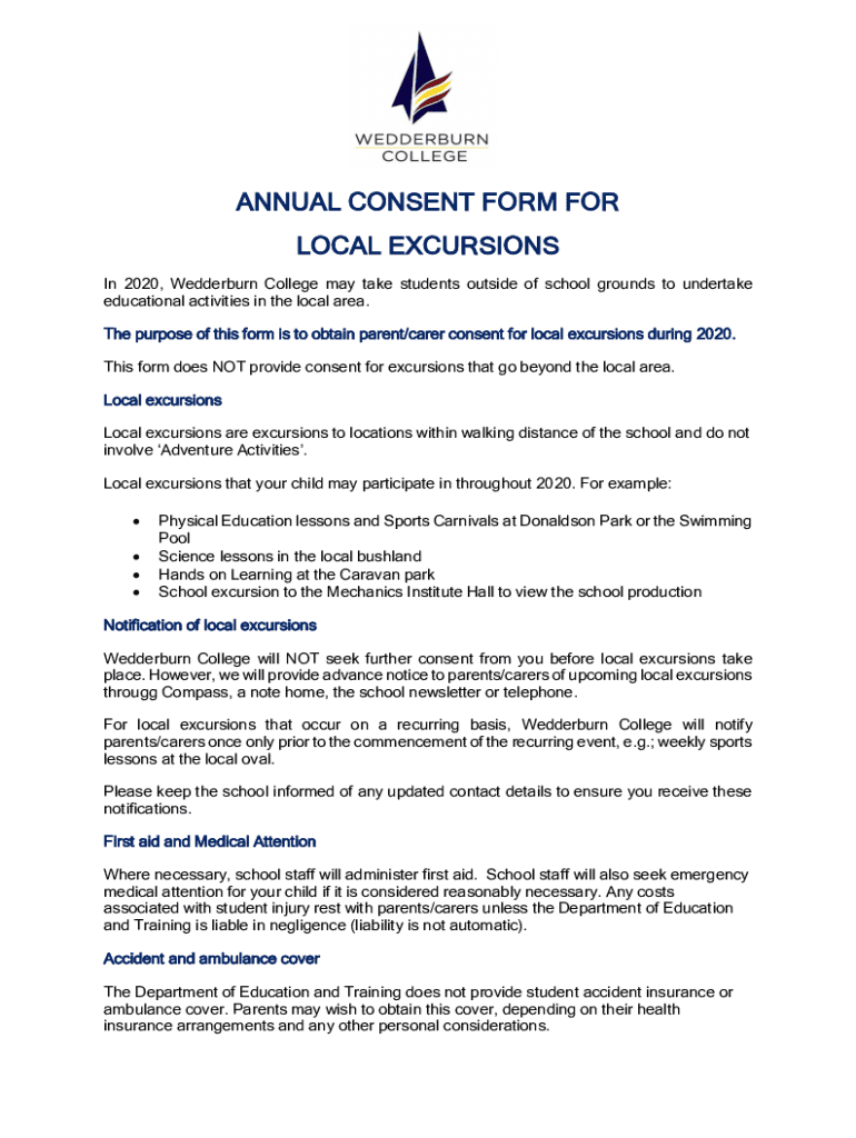 Fillable Online ANNUAL CONSENT FORM FOR LOCAL EXCURSIONS Fax Email ...