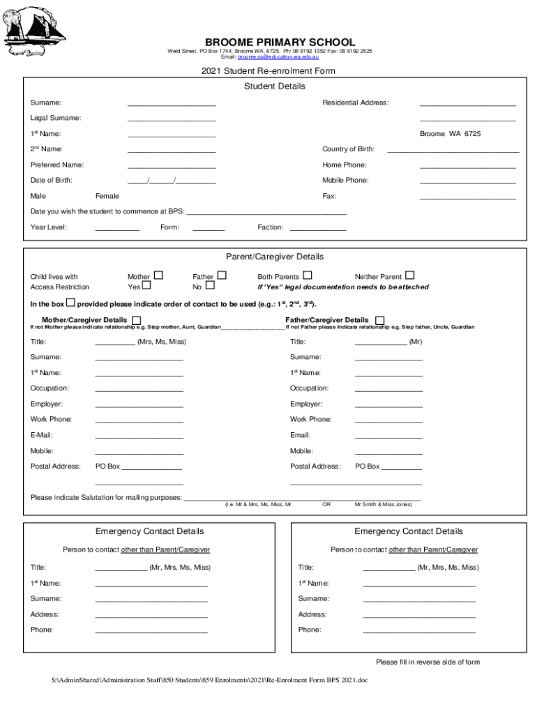 Fillable Online 2021 Student Re-enrolment Form Student Details Fax ...
