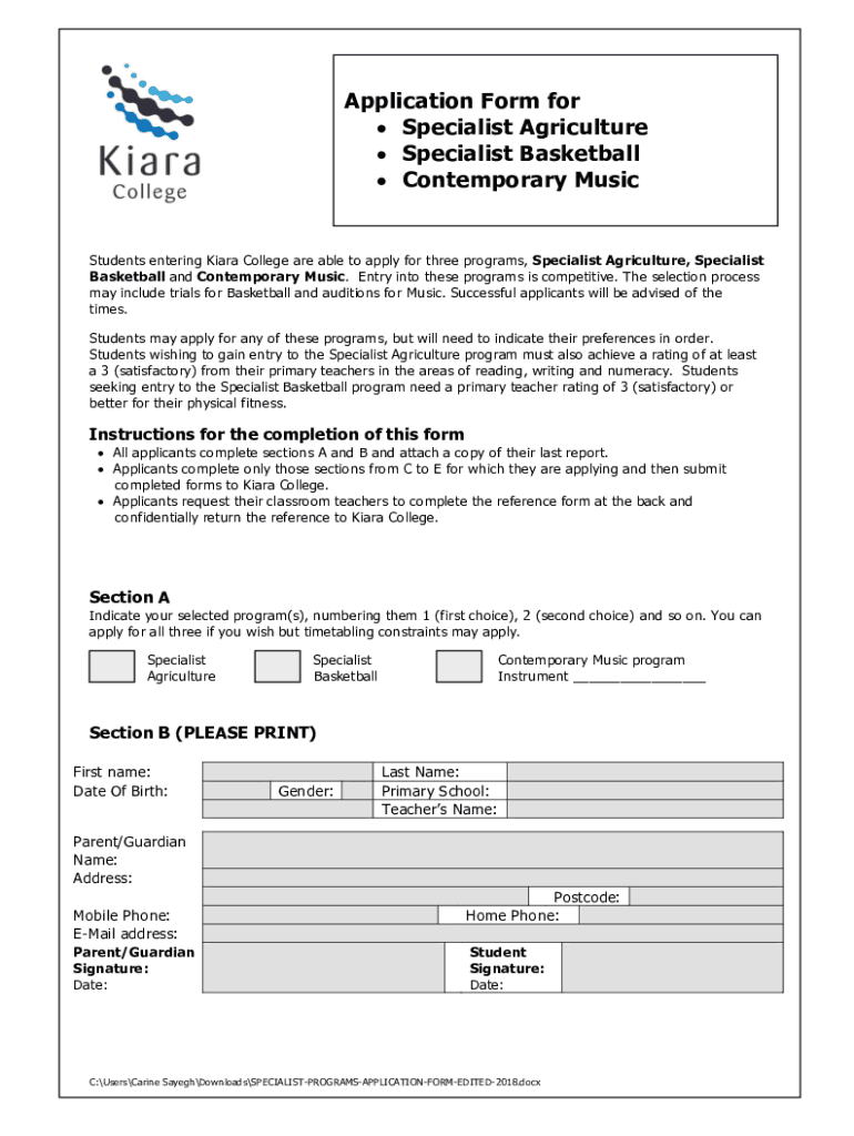 Fillable Online Application Form for Specialist Agriculture Specialist ...