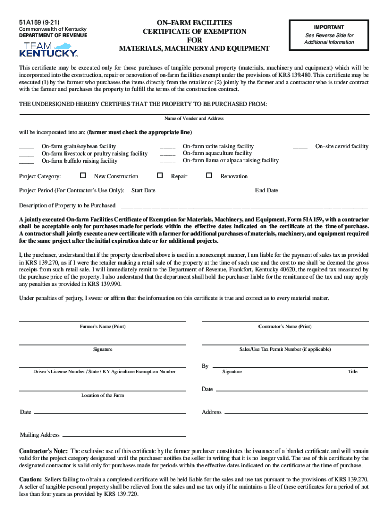 Fillable Online Form 51a159 - On-Farm Facilities Certificate Of ...