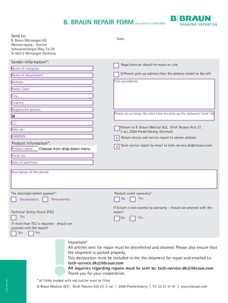 Fillable Online B. BRAUN REPAIR FORM Fax Email Print - pdfFiller