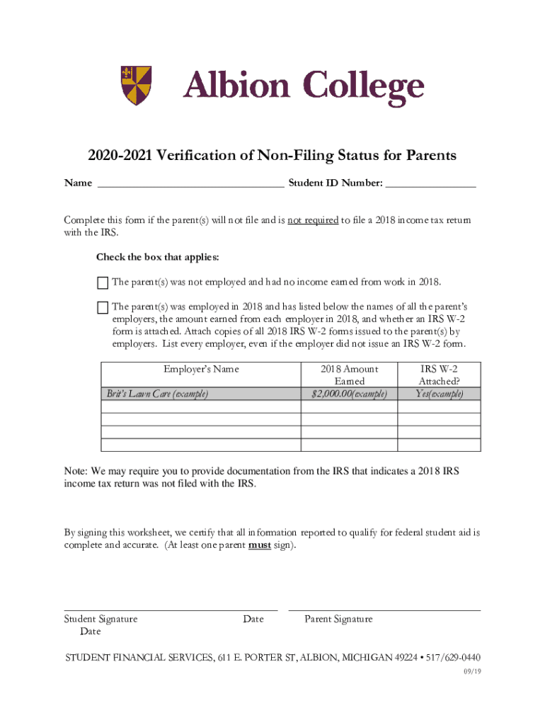 Fillable Online Parent IRS Verification of Non-Filing Letter 2020-2021 ...