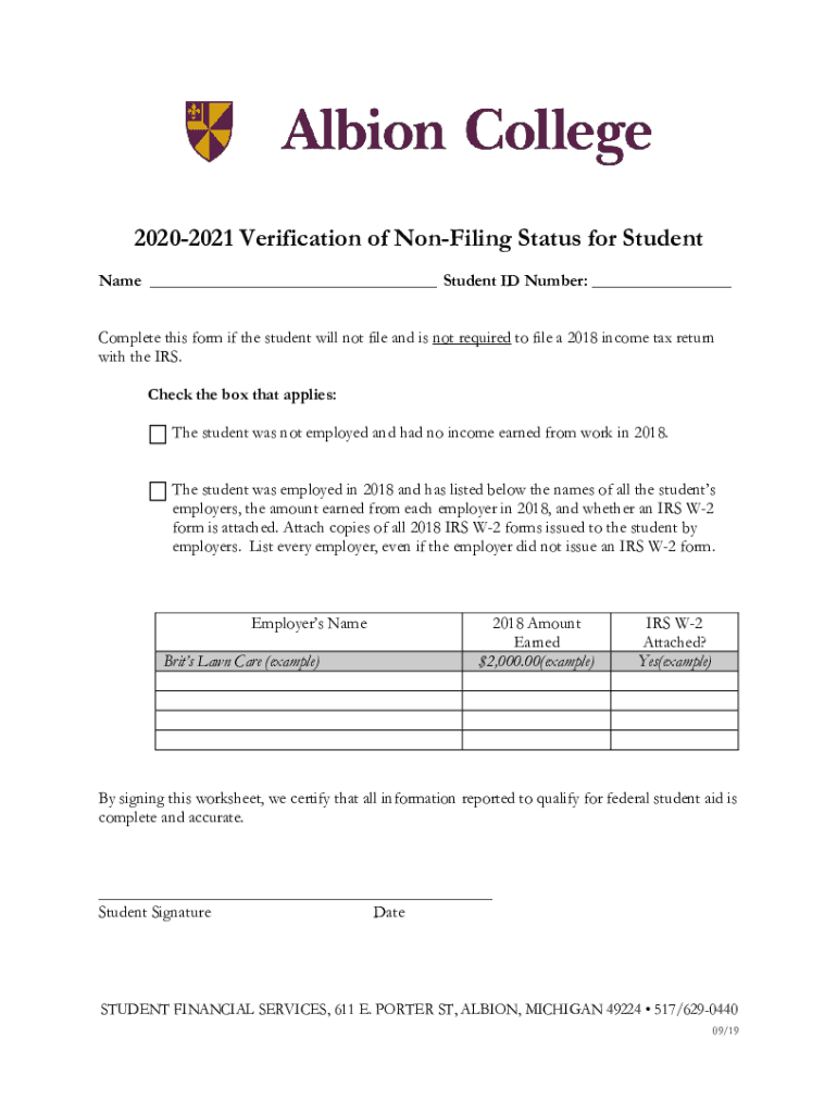 Fillable Online 2020-2021 Verification of Non-Filing Status for Student ...