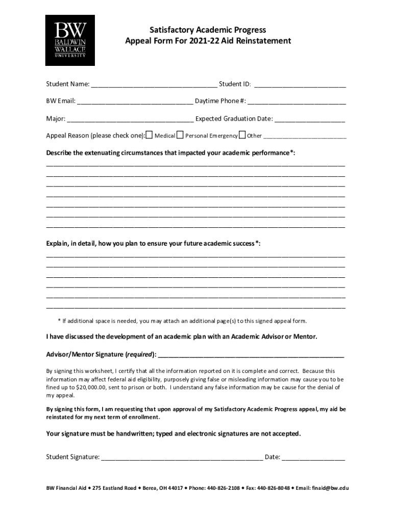 Fillable Online Satisfactory Academic Progress Appeal Form For 2021-22 Aid ... Fax Email Print ...