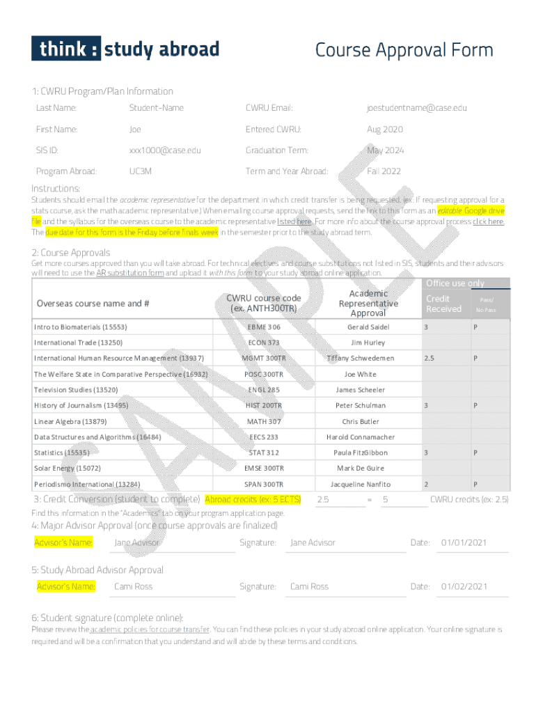 Fillable Online SAMPLE Study Abroad Course Approval Form 2021 Fax Email ...