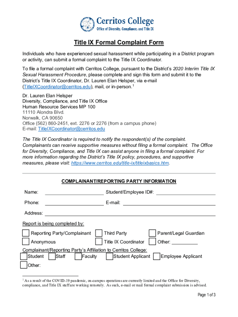 Fillable Online Fillable Compliance Office Title IX Complaint Form ...