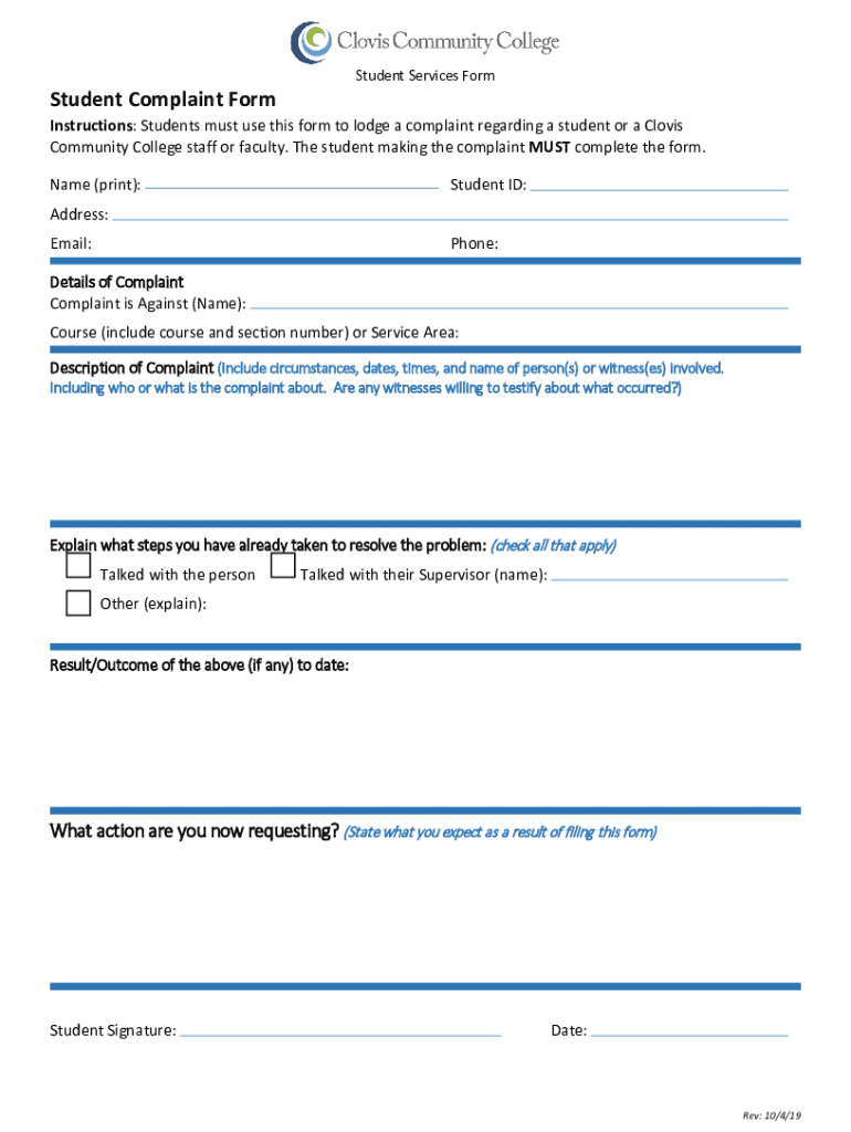 Fillable Online Student Complaint Form. Made Accessible by Teira Wilson ...