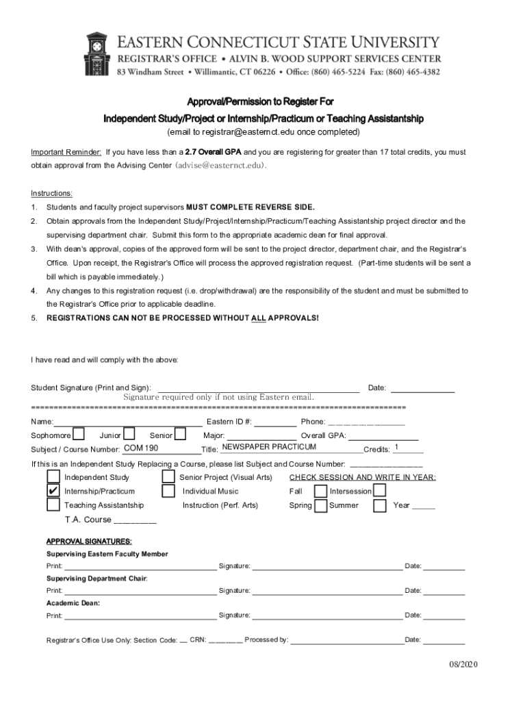 Fillable Online Approval/Permission to Register For ... - easternct.edu Fax Email Print - pdfFiller