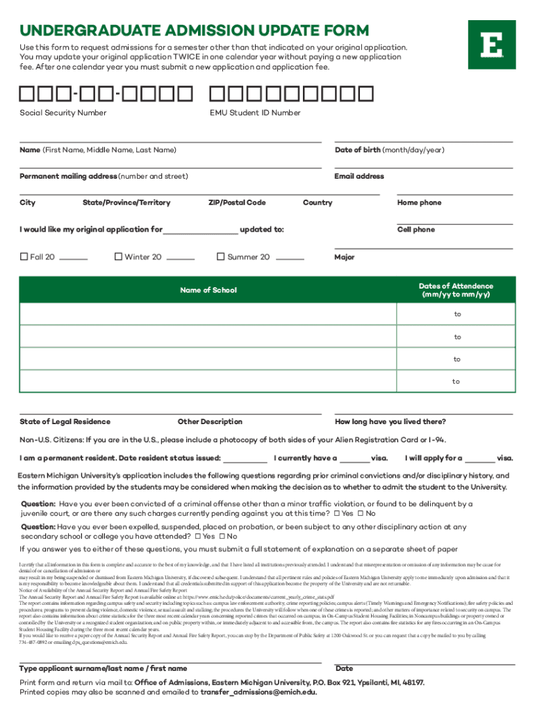 Fillable Online EMU Admissions Undergraduate Application Update Form ...