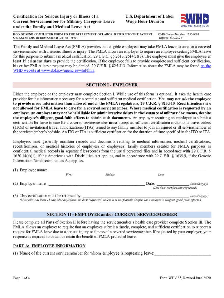 Fillable Online Certification for Serious Injury or Illness of Current ...