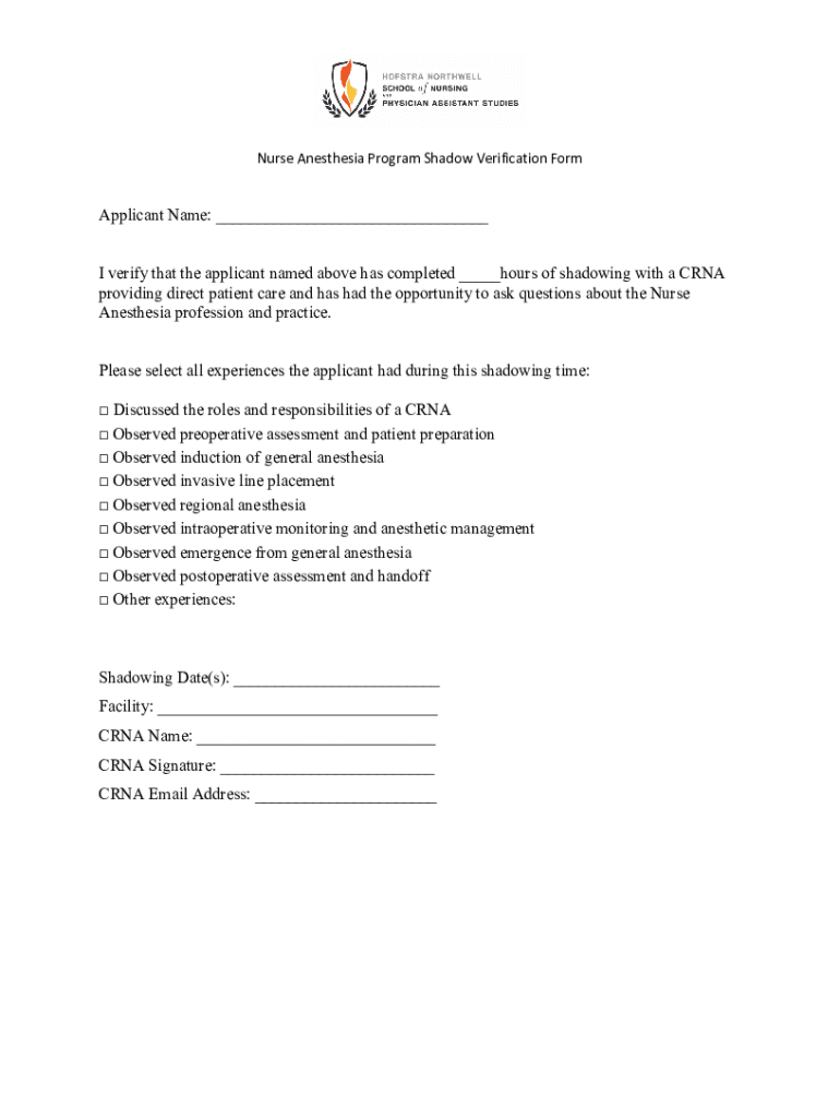 Fillable Online Nurse Anesthesia Program Shadow Verification Form Fax ...