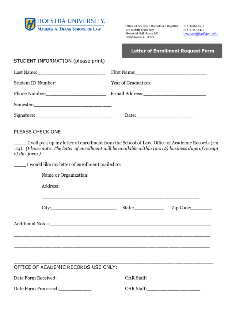 Fillable Online law hofstra Letter of Enrollment Request Form Fax Email ...